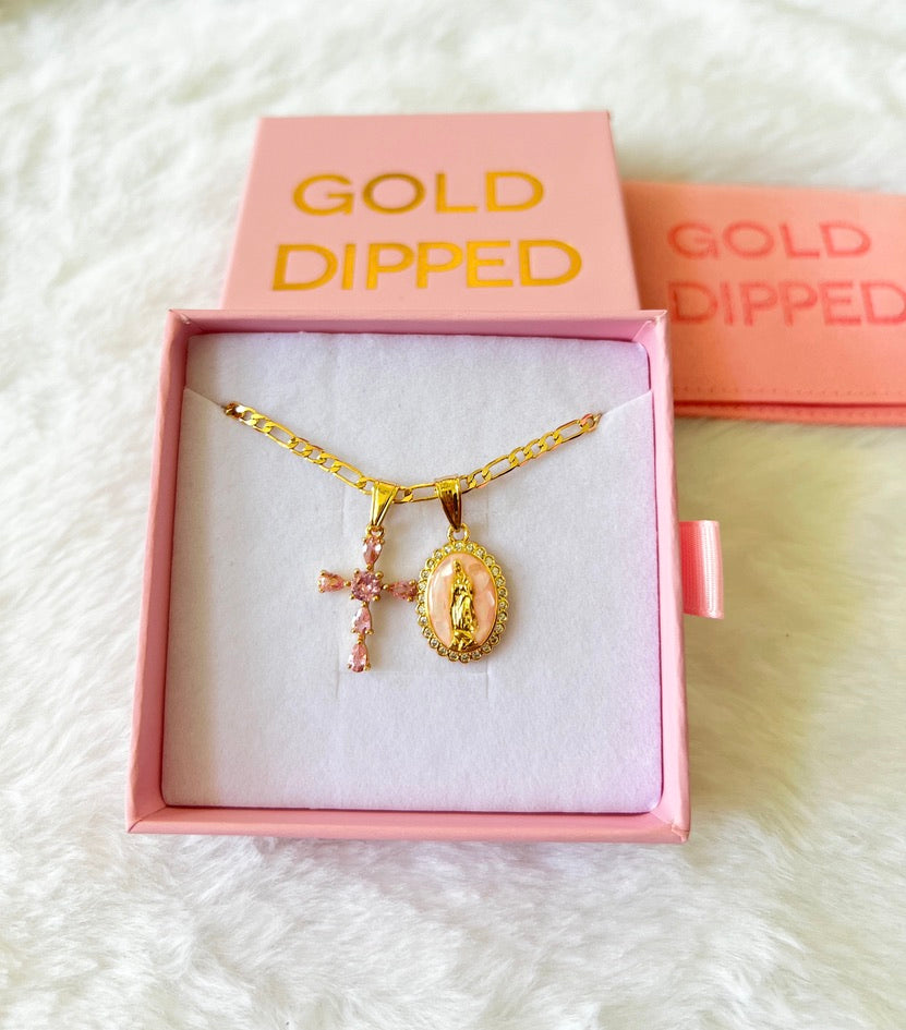 Pink Raindrop Cross & Mary Set – GoldDipped