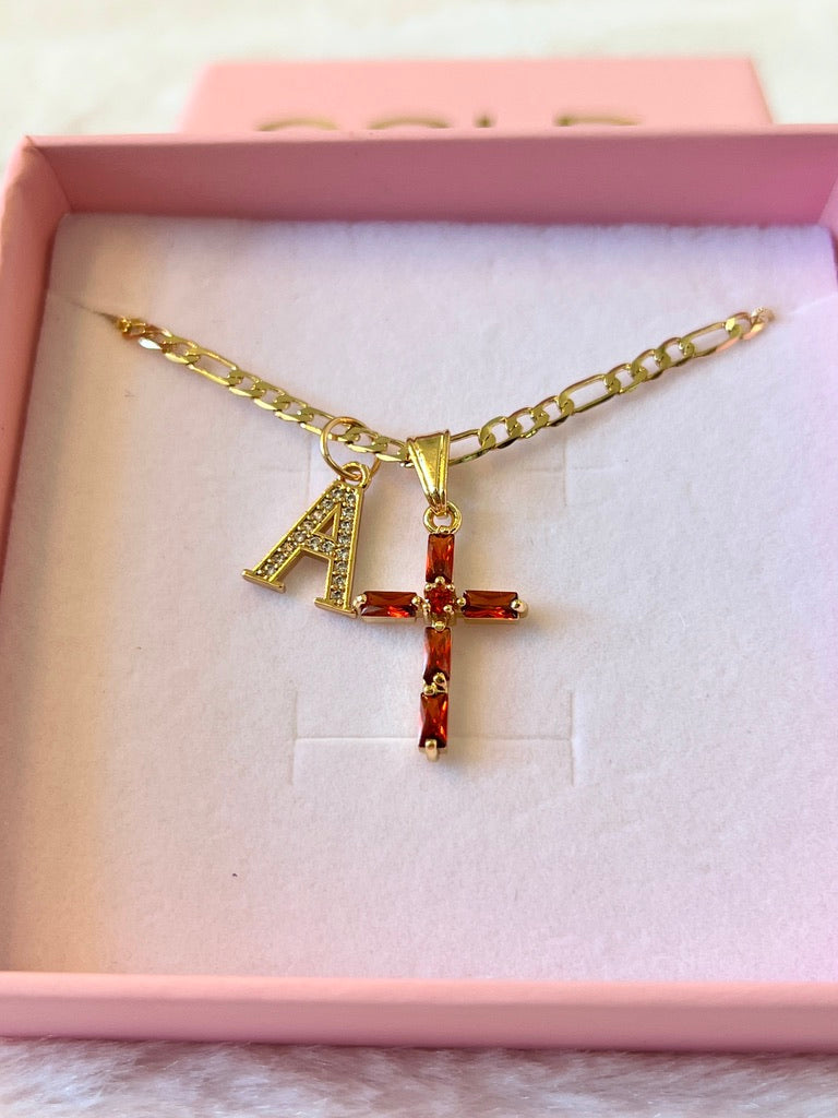 Baguette Garnet Cross With Initial – GoldDipped