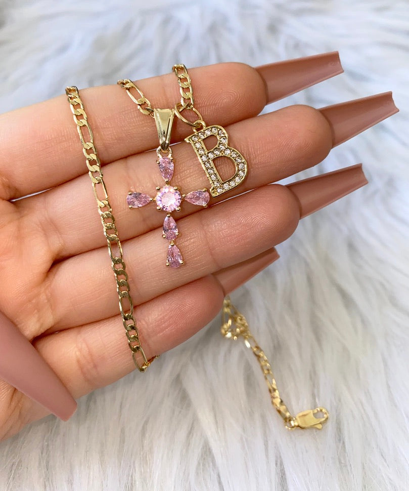 Pink Raindrop Cross & Initial – GoldDipped